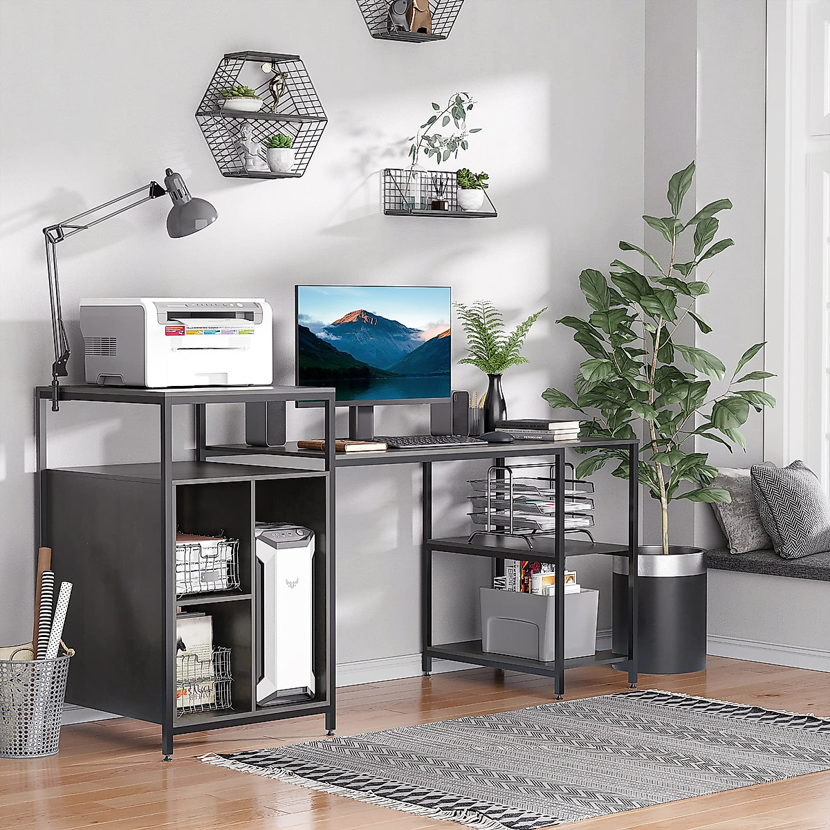 HOMCOM 68 Inch Office Table Computer Desk Workstation Bookshelf with CPU Stand, Spacious Storage Shelves & Chic Modern Woodgrain Design, Grey