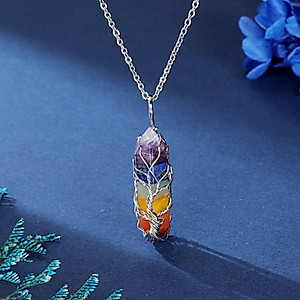 GEHECRST Chakra Healing Crystal Necklace Life Tree Wire Wrapped Natural Quartz Crystal Stone Point Gemstone Pendant Necklace for Women Christmas Birthday Gift