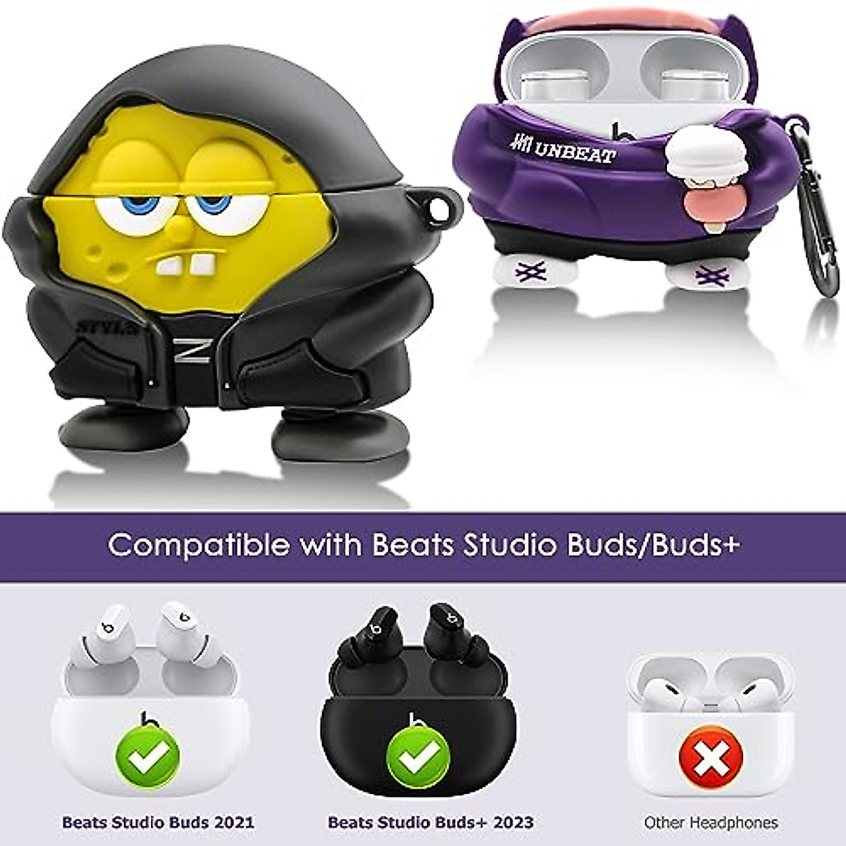 LDSXAY Beats Studio Buds/Buds + Case Cover, 3D Cute Funny Cartoon Character Silicone Protective Skin Cover for New Beats Studio Buds + Wireless Earbuds Case with Keychain Accessories (Purple)