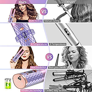 Automatic Curling Iron, Anti-Scald Hair Curler, Rotating Curling Iron 1 Inch Hair Tools, 6 Temps & 11 Timers, Portable Ceramic Barrel Wand Curling Iron, Fast Heating Rechargeable Waver Curler HAU
