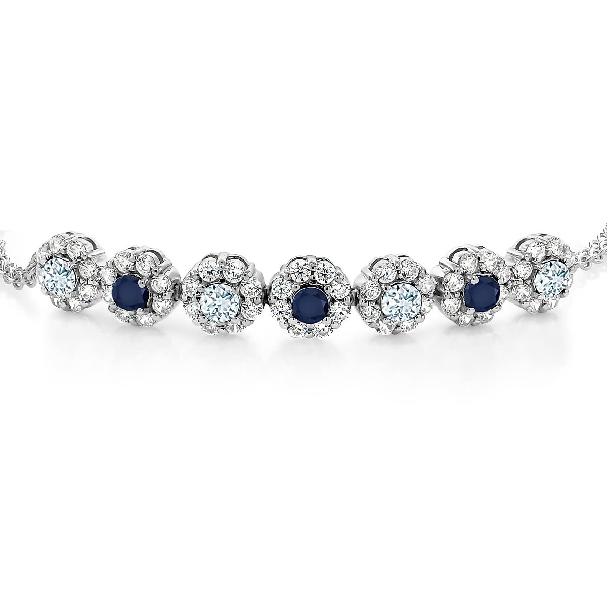 Gem Stone King 925 Sterling Silver Sky Blue Aquamarine and Blue Sapphire Tennis Bracelet For Women (2.27 Cttw, Gemstone March Birthstone, 7 Inch with 2 Inch Extender)