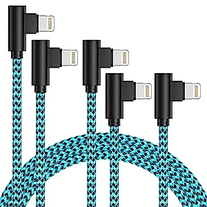 iPhone Charger Cord Right Angle Lightning Cable 5 Pack (3/3/6/6/10FT) Nylon Braid 90 Degree Charging Cord Fast Charging & Data Sync Cord Long Compatible iPhone 13 12 11 Pro XS Max/X/8/7/Plus iPad Blue
