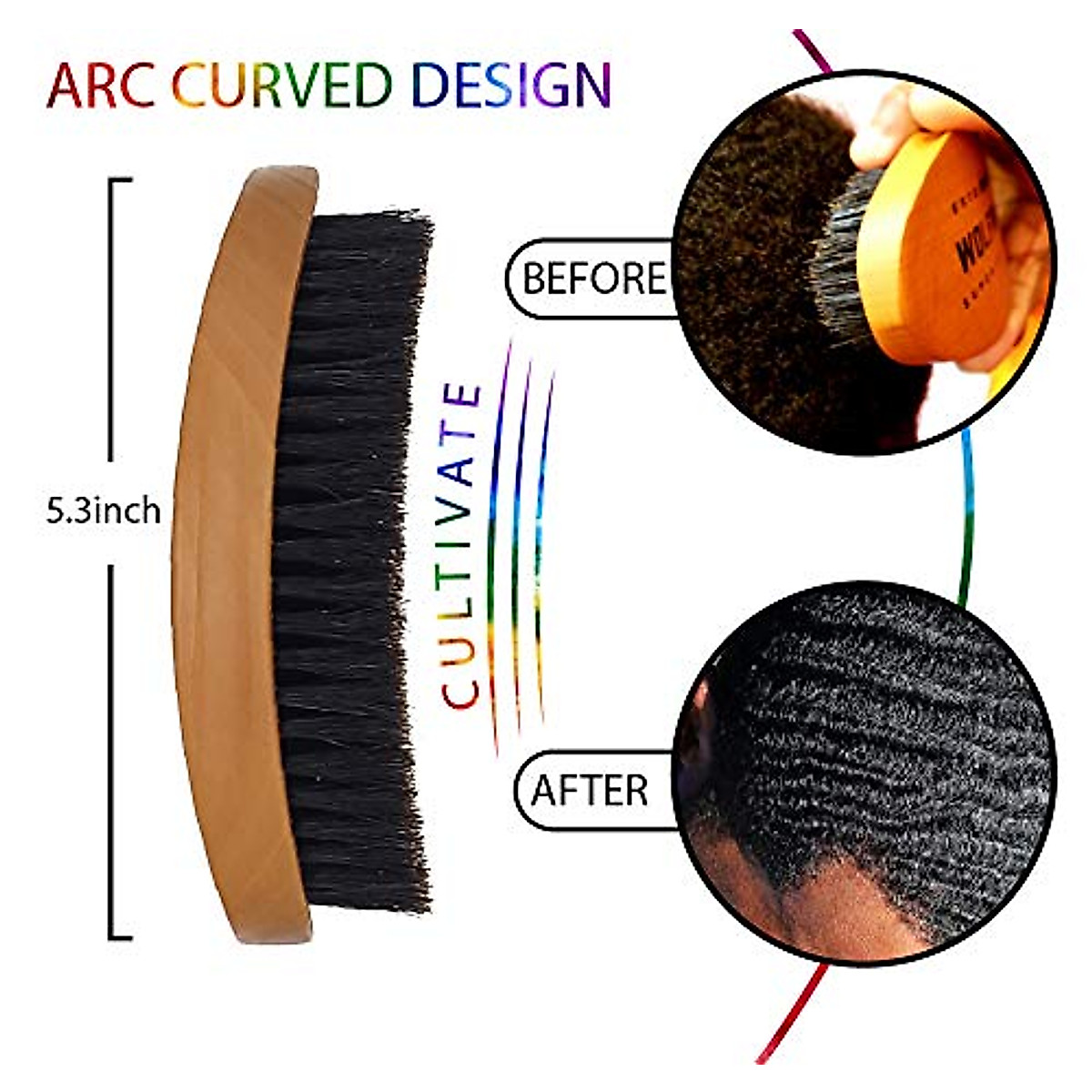 Wolfin Pro- Premium Curved 360 Wave Brush, 100% Natural Schima Superba Wood with Reinforced Pure Black Medium Boar Hair Bristle - Perfect for Wolfing, Creating 360 Layer Hair Waves, Cultivating Beards