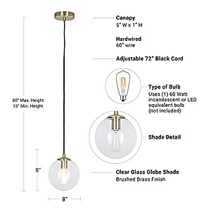 Catalina Lighting 23124-000 Mid-Century Modern Glass Globe Mini Pendant, 8", Brass