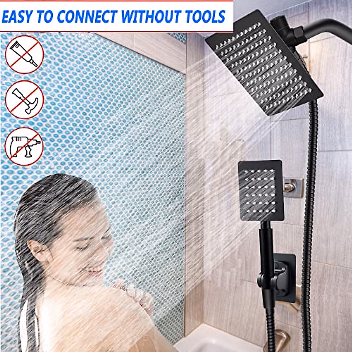 High Pressure Square Rain Shower Head Combo, Equipped with all Metal Hand Shower, 78" Extra Long Hose, 3-Way Diverter, Adhesive Shower Head Holder (WOSAISIUS Square Shower Head Set Black)