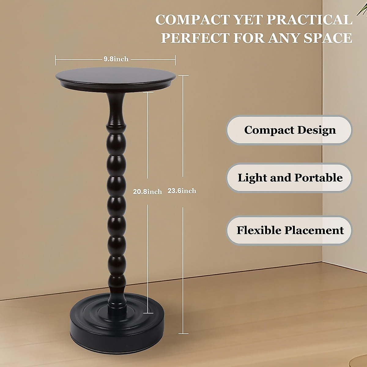Boutitween Drink Table, Round Side Table with Solid Wood, Small Side Table for Small Spaces, Retro American Vintage Accent Table for Living Room, Bedroom, Black