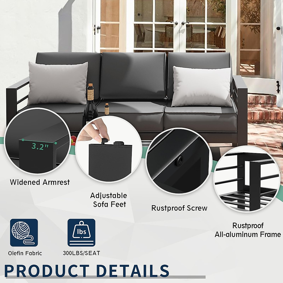 Amopatio Patio Furniture Set with Fire Pit Table, 8 Pcs Aluminum Outdoor Sectional Metal Modern Patio Sofa Sets, 44" Gas Fire Pit Conversation Set for Yard, Dark Grey(Included Waterproof Covers)