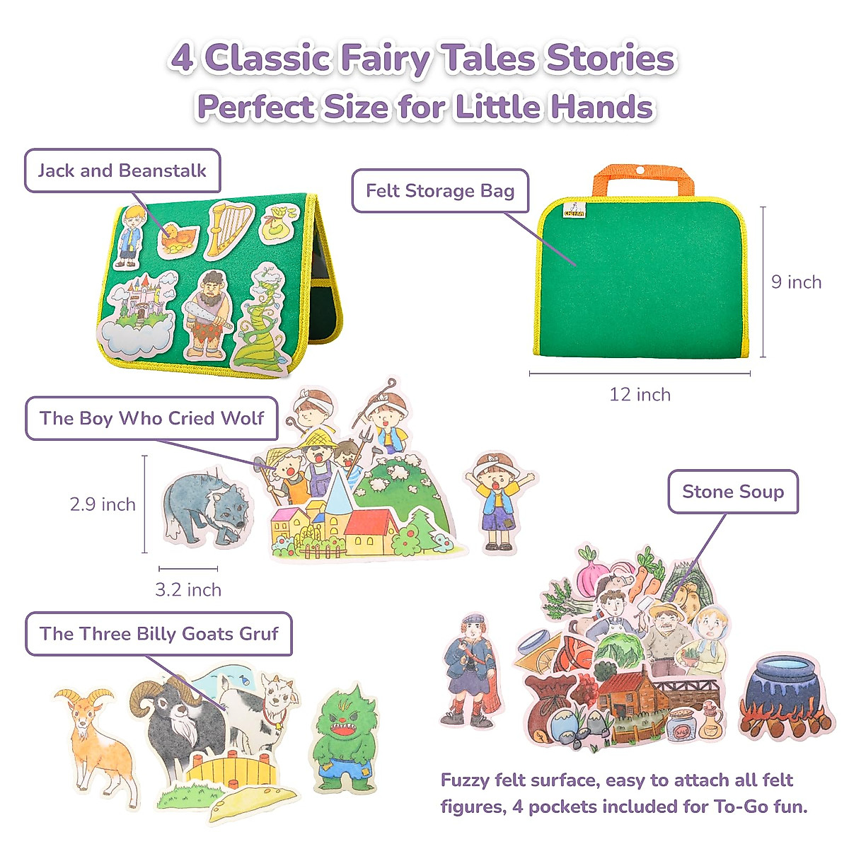 CHEFAN Felt/Flannel Board Story Set of 4, PRECUT Felt Pieces for Preschool Toddlers, Stone Soup, The Three Billy Goats Gruff, Jack and Beanstalk, The Boy Who Cried Wolf