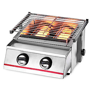 Smokeless Grill Indoor Tabletop LPG Grill Height Adjustable 2 Burners BBQ Stove Compact Protable Small Grill, 13.9"x16.53"x7.67",Stainless Steel Barbeque Stove Grill for Paties,RV Trip etc. (2 Burners)