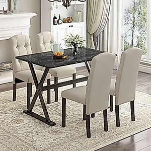 EMKK 5-Piece Dining Table Set with Faux Marble Tabletop and Upholstered Chairs for 4, Solid Wood Kitchen TableSet,Home,Hotel or Bar, Black+Beige