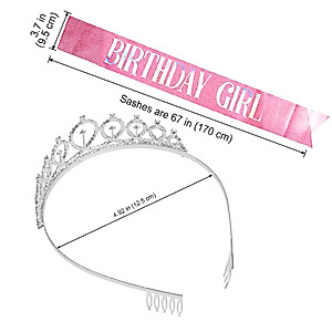 Birthday Crown, Didder Pink Birthday Girl Sash & Rhinestone Tiara Set, Birthday Tiara Birthday Crowns for Women Birthday Sash and Tiaras for Women Girls Birthday Gifts Party Accessories