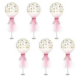 Suppromo Pink Polka Dot Balloons Set Tutu Tulle Balloons With Column Base Kit for Baby Shower Girl Wedding Birthday Party Table Decorations(12 inch Pink Tulle Balloon, 6 Pack)