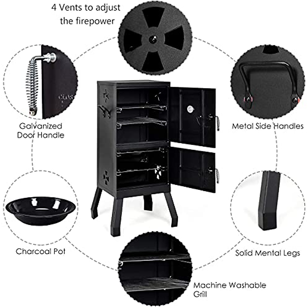 Giantex Outdoor Smoker with Double Doors, 2 Detachable Grill Netting Smoking Racks, Charcoal Pan & Water Pan, 4 Air Vents, Thermometer, Vertical Charcoal Smoker for Barbecue Camping Backyard Grill