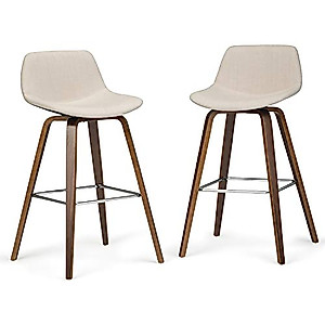 SIMPLIHOME Randolph Mid Century Modern Bentwood Counter Height Stool (Set of 2) in Natural Linen Look Fabric
