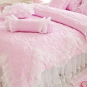 BERTERI Princess Bedding Set Cotton Duvet Cover with Lace Edge Thick Quilted Bed Skirt Twin Queen King Size Romantic Bedline Set for Girls Gift