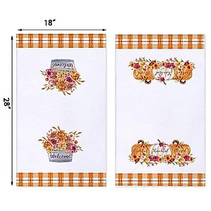 Buffalo Plaid Fall Pumpkin Autumn Flowers Kitchen Dish Towel 18 x 28 Inch Set of 2, Harvest Thanksgiving Holiday Tea Towels Dish Cloth for Cooking Baking