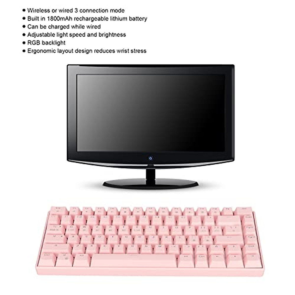 Heayzoki 82 Key Gaming Keyboard, RGB Backlight Mechanical Keyboard 2.4G/Bluetooth 3.0/5.0/Type-C Ergonomic Pink Gaming Keyboard for Office Home(Black Shaft)