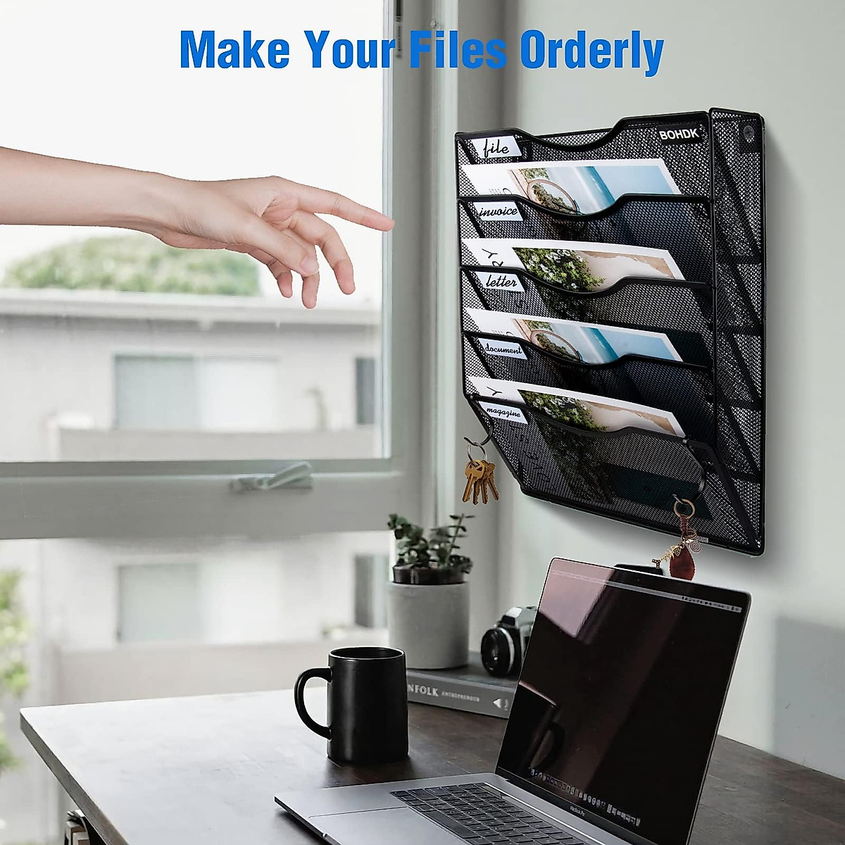 BOHDK Wall File Organizer, 5 Tire Hanging File Folder Organizer, Vertical Mesh Metal Door/Wall Mount Hanging File Holder, Paper Document Magazine Rack with Hooks for Home Office Black