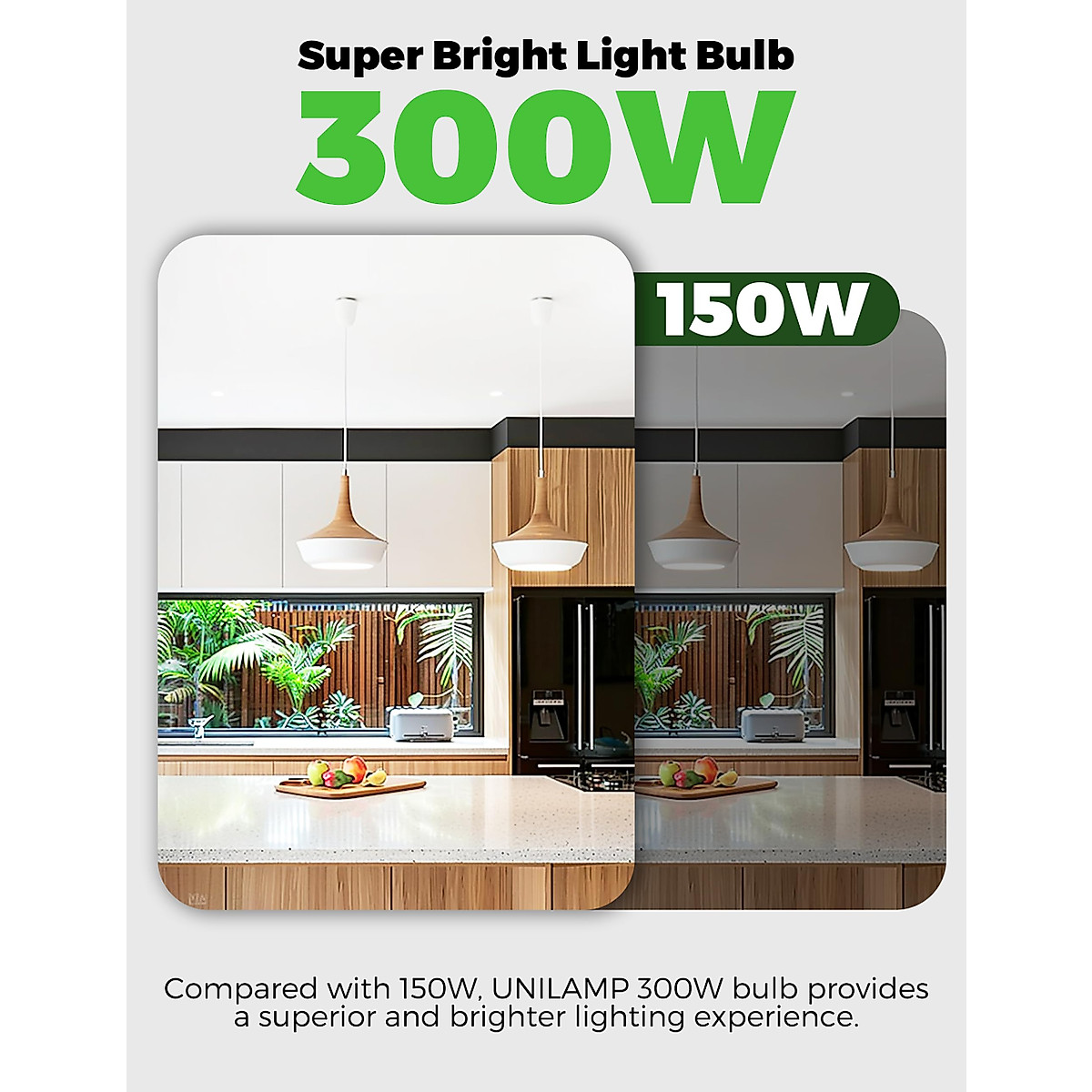 UNILAMP 300 Watt Equivalent Light Bulb, 33W LED Light Bulb E26 Daylight 5000K, Super Bright 4060LM, A23 LED Edison Screw Bulb for Garage, Warehouse, Street Backyard, Non-Dimmable, 2-Pack