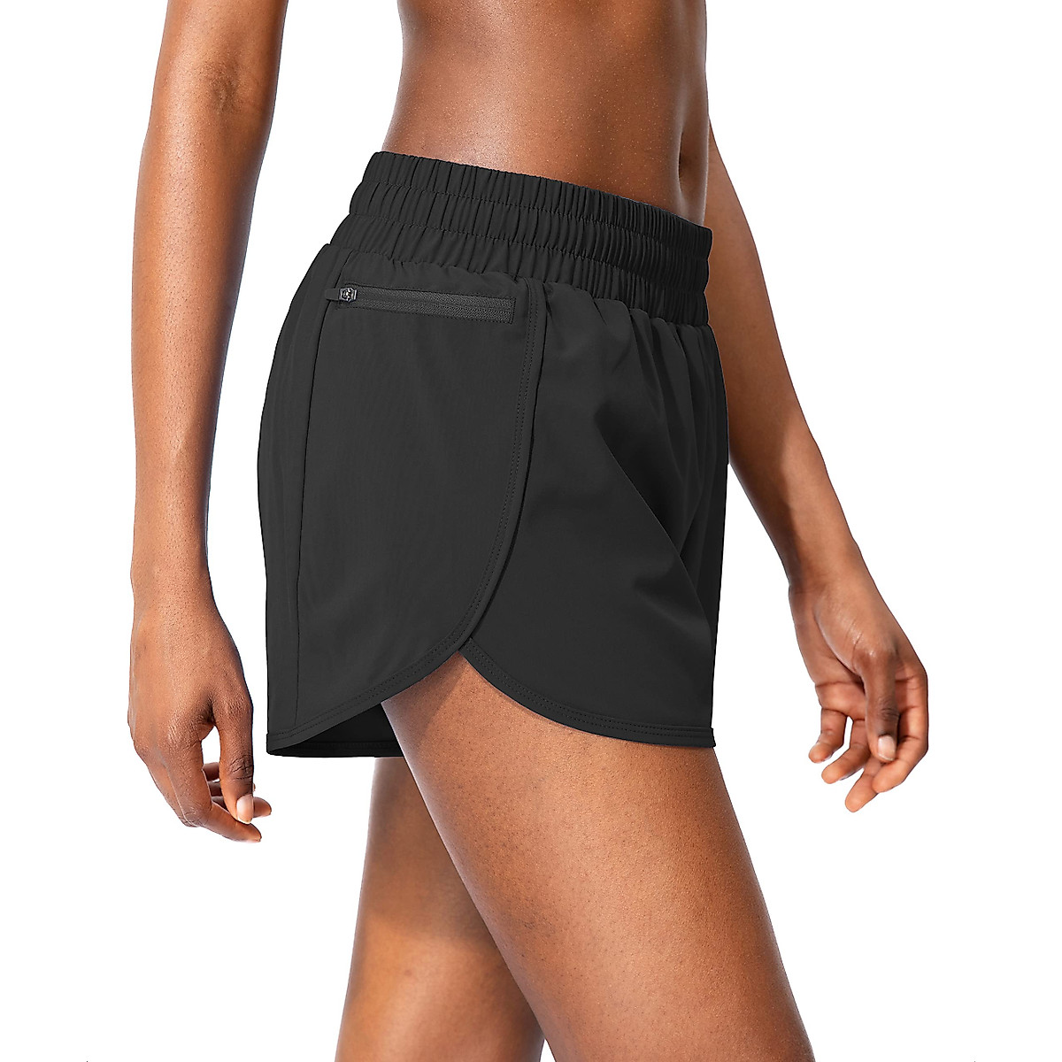 Soothfeel Womens Running Shorts with Zipper Pockets High Waisted Athletic Gym Workout Shorts for Women with Liner Black