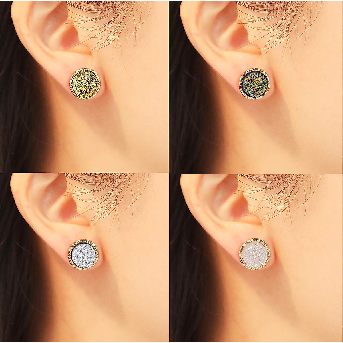 Ofeiyaa 9 Pairs Round Stud Earrings Stainless Steel Cute Druzy Crystal Studs Earrings Pierced for Women Ladies 10mm 20G