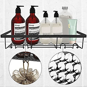 KAREEME Shower Caddy, Shower Shelf with 8 Hooks, 5-Pack Self Adhesive Bathroom Shower Organizer with 2 suction cup hooks, No Drilling Stainless Steel Rustproof Shower Shelves for Inside Shower(Black)