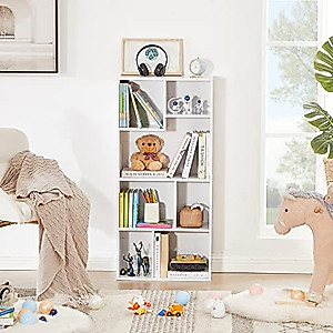 VECELO 42" Modern White Bookshelf, 7 Cube Organizer Bookcase,Fits Tallest Hardcovers, Horizontal Available,Floor Standing Display,Easy Assembly, Pearl White