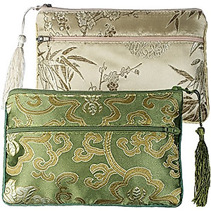kilofly 2 pc Chinese Silk Brocade 2 Zipper Pocket Tassel Jewelry Bag Gift Pouch