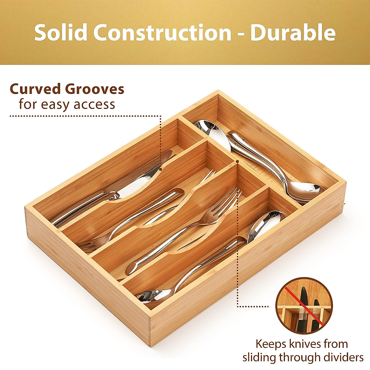 Umilife Bamboo Kitchen Drawer Organizer, 9 Inch Silverware Utensils Tray Holder for Small Drawer, Wood Caddy for Flatware Cutlery Knives