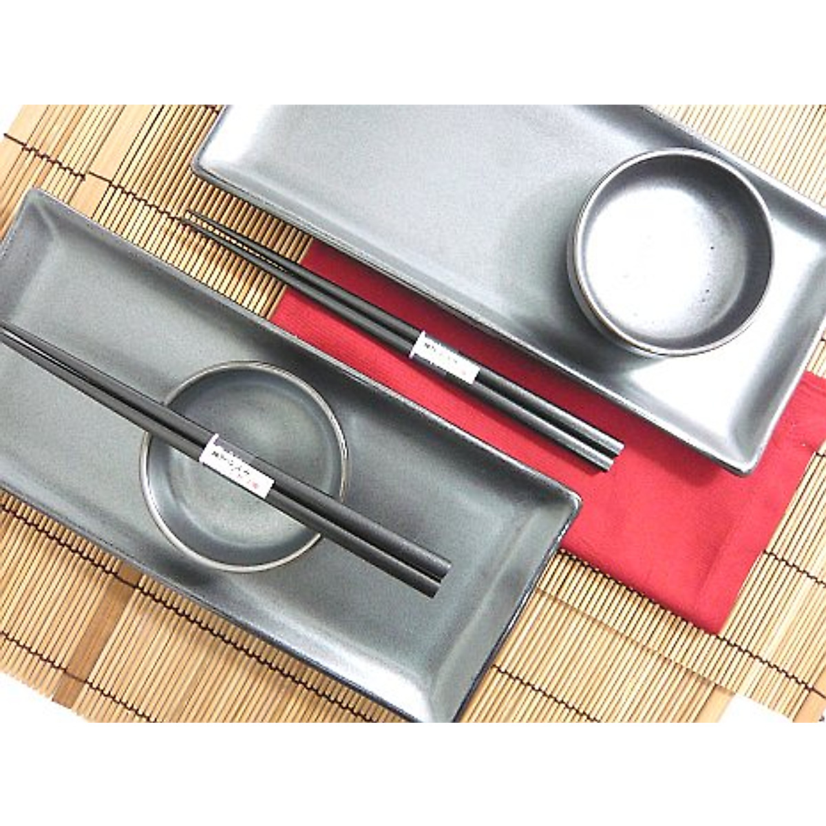 Sushi Set Made In Japan - MySushiSet 7 piece Black Crystal Ceramic Sushi Plate Set with Matching Soy Sauce Dispenser