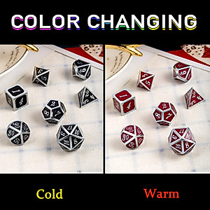 DNDND Color Changing Metal Dice Set, Temperature Sensitive DND Game Dice Set with Free Metal Tin for Dungeons and Dragons D&D Rolling Table Games (Silver Number with Black to Red)
