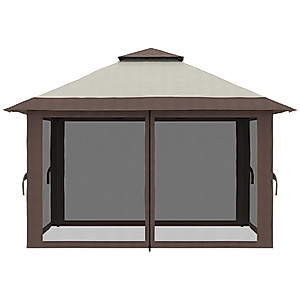 Outsunny 13' x 13' Pop Up Gazebo with Netting, Instant Canopy Tent Shelter with 2-Tier Roof, Wheeled Carry Bag, Water/Sand Bags for Outdoor, Garden, Parties, Beige
