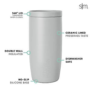 Simple Modern Travel Coffee Mug Tumbler with 360° Lid | Ceramic-Lined Insulated Stainless Steel Cold Brew Iced Coffee Cup Thermos | Gifts for Women Men Her Him | Voyager Signature | 16oz | Ice Gray