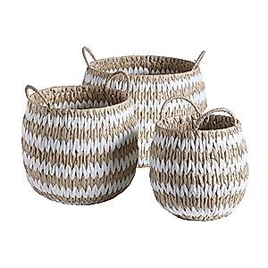 Motifeur Water Hyacinth and Paper Handwoven Basket (Assorted Set of 3, Beige and White)