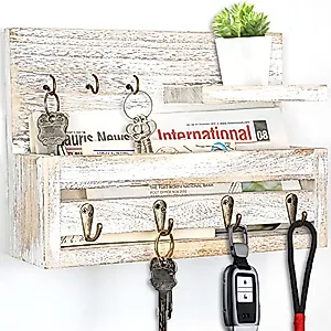 Wood Mail Organizer Wall Mounted - Key Holder for Wall, Mail and Key Holder with Shelf, Mail Holder with Key Hooks for Letter, Bills and Dog Leash, Rustic Mail Sorter for Entryway, Office, White