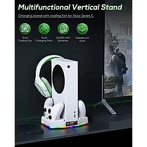 Cooling Stand & Charging Station for Xbox Series S with RGB Light Strip,Dual Charger of Controllers and Cooler Fan for XSS Console Accessories with 2*1400mAH Rechargeable Battery Pack,1*Headphone Hook