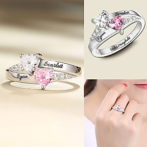 Roseinside Personalized Double Heart-Shaped Birthstone Sterling Silver Ring Couple Promise Rings for Her Engraved 2 Birthstones and Names mothers ring anniversary ring Gift for Her Wife Valentine's Day Anniversary