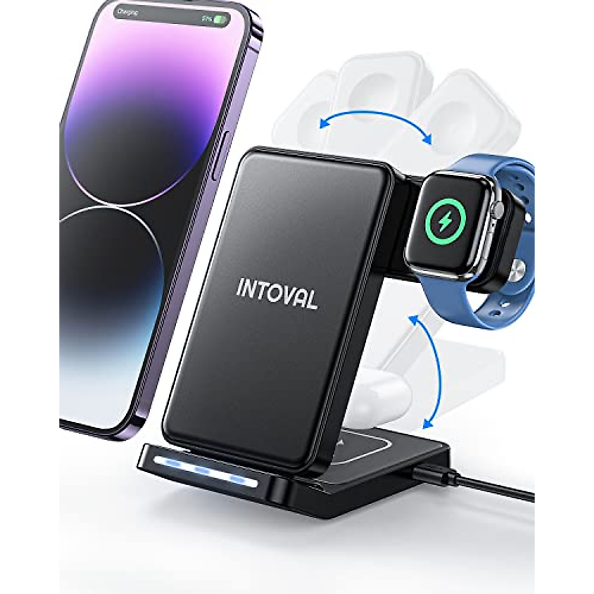Intoval Charging Station for Apple iPhone/Watch/Airpods, 3 in 1 Foldable Wireless Charger for iPhone 14/13/12/11/XS/XR/XS/X/8, iWatch 8/Ultra/7/6/SE/5/4/3/2, Airpods Pro2/Pro1/3/2/1 (F3,Black)