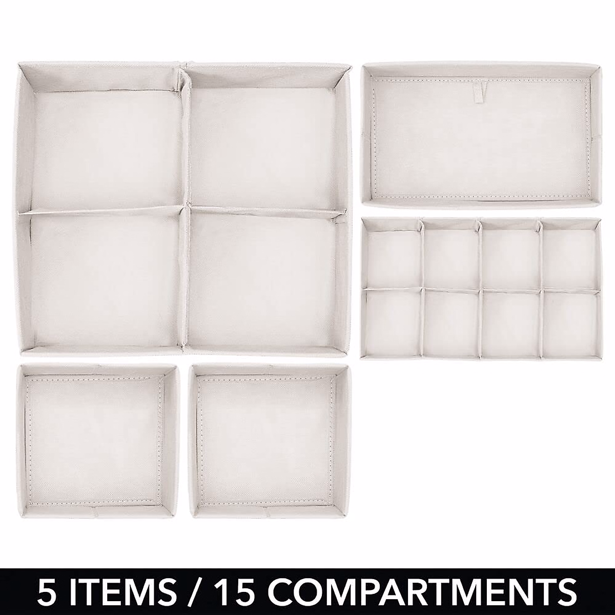 mDesign Soft Fabric Dresser Drawer/Closet Divided Storage Organizer Bins for Nursery - Holds Blankets, Bibs, Socks, Lotion, Clothes, Shoes, Toys, Jane Collection - Set of 5 - Cream/White