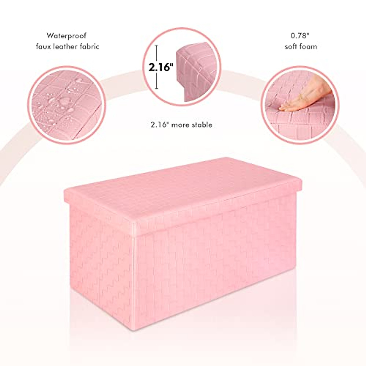 B FSOBEIIALEO Folding Storage Ottoman, Faux Leather Footrest Stool Long Bench Toy Box Chest for Girls, Pink 30 x15 x15 inches , Large