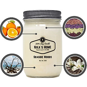 Nika's Home Seaside Wood Soy Candle 12oz Mason Jar Non-Toxic White Soy Handmade, Long Burning 50-60 Hours Highly Scented All Natural, Clean Burning Large Candle Gift Décor