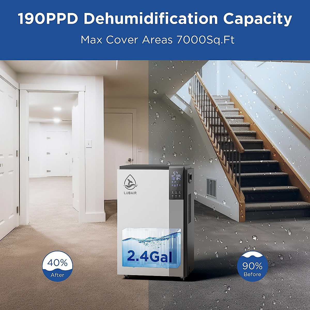 LUBAIR 190 Pint Commercial Dehumidifier for Basement with Drain Hose Dehumidifier for Large Room and 2.4 Gal Water Tank for Commercial Spaces to 7000 Sq.Ft.Auto Defrost.