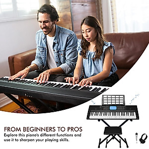 Technical Pro 61 Keys Electric Piano Learning Keyboard Bundle with Seat, Stand and Mic, 3x Learning Mode, Built In Speaker Headphone, LCD Display, LED Lights, Seat/Stand Included, USB, Wired Mic