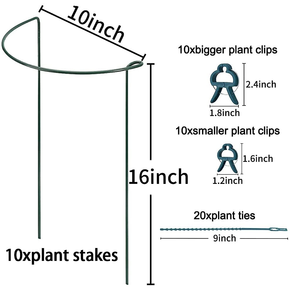 10pack Garden Plant Support Stake 10"Wide x 16"High Half Round Metal Garden Plant Support Ring Border Support, Plant Support Ring Cage for Rose Flowers Vine Tomato with 20pack Plant Clips &Plant Ties