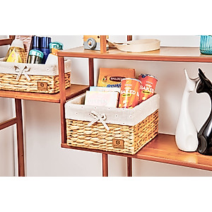 QH & Garden Hand-Woven Water Hyacinth Storage Baskets for Organizing,Decorative Square Wicker Basket with Detachable Liner,Natural Seagrass Woven Organizer Baskets for Shelves(set of 3)