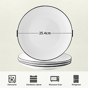 YOLIFE 10 inch Porcelain Dinner Plate Set of 6 - White Round Ceramic Serving Dish for Steak Patas Pizza Restaurant with Black Trim