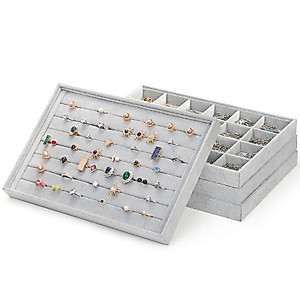 Elsjoy Set of 4 Velvet Jewelry Tray, Large Jewelry Organizer Tray Gray Jewelry Storage Display Tray, Stackable Drawer Insert Jewelry Trays for Earring, Necklace, Bracelet, Ring