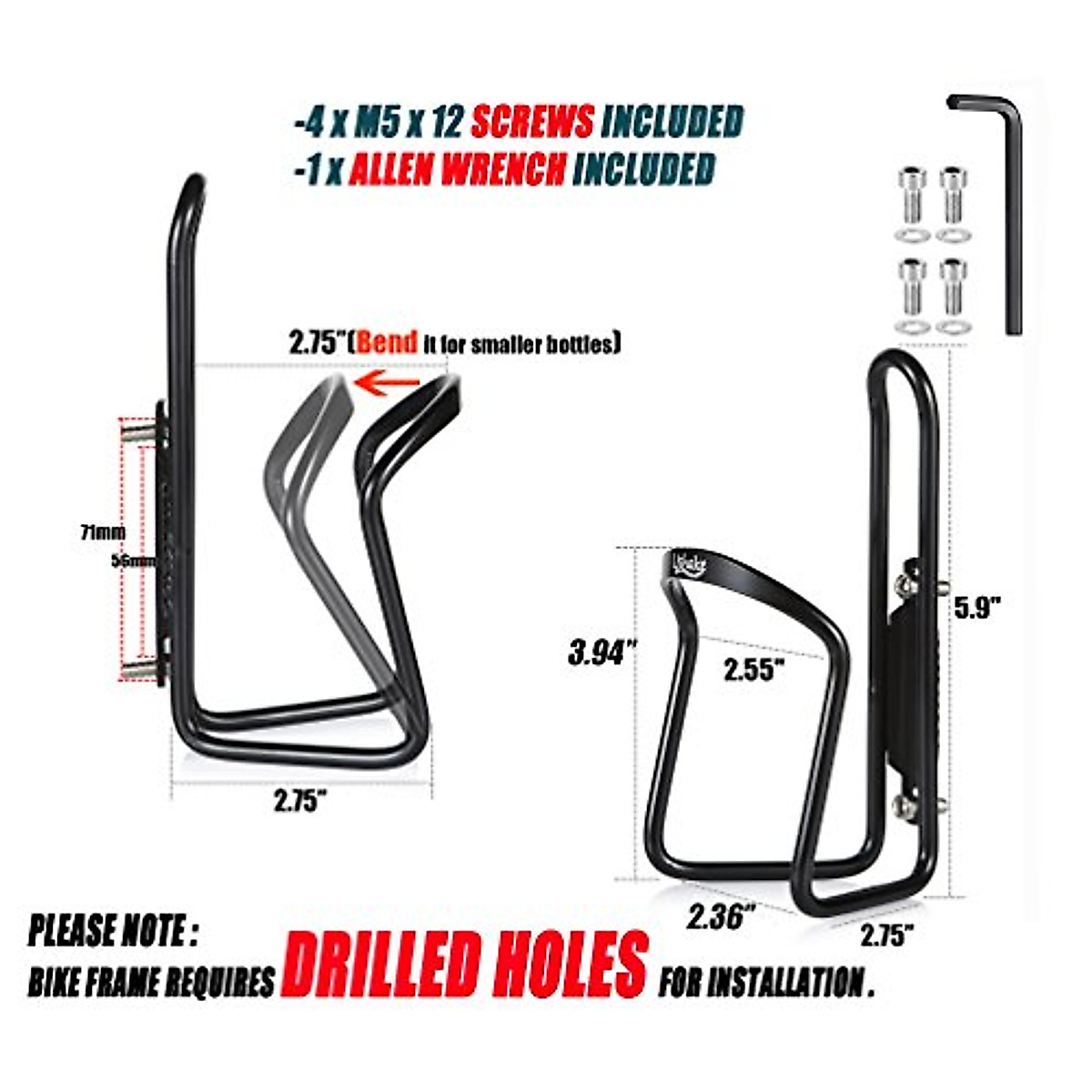 USHAKE Water Bottle Cages, Basic MTB Bike Bicycle Alloy Aluminum Lightweight Water Bottle Holder Cages Brackets(2 Pack- Drilled Holes Required)