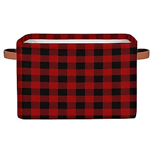 Red Lumberjack Plaid Check Fabric Storage Baskets for Shelves for Organizing Closet, Foldable Storage Bins Rectangular Decorative Basket with Leather Handles Cubes, 1 Pack