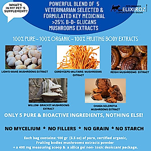 OPTIMIZED RECOVERY Lion's Mane & Cordyceps >25% & >35% β-glucans 100% Mushrooms Fruiting bodies Extracts Blend for Dogs & Cats. Recovery Aid, Healing & Senior Pet Health Formula. 250 SERVINGS for 25lb